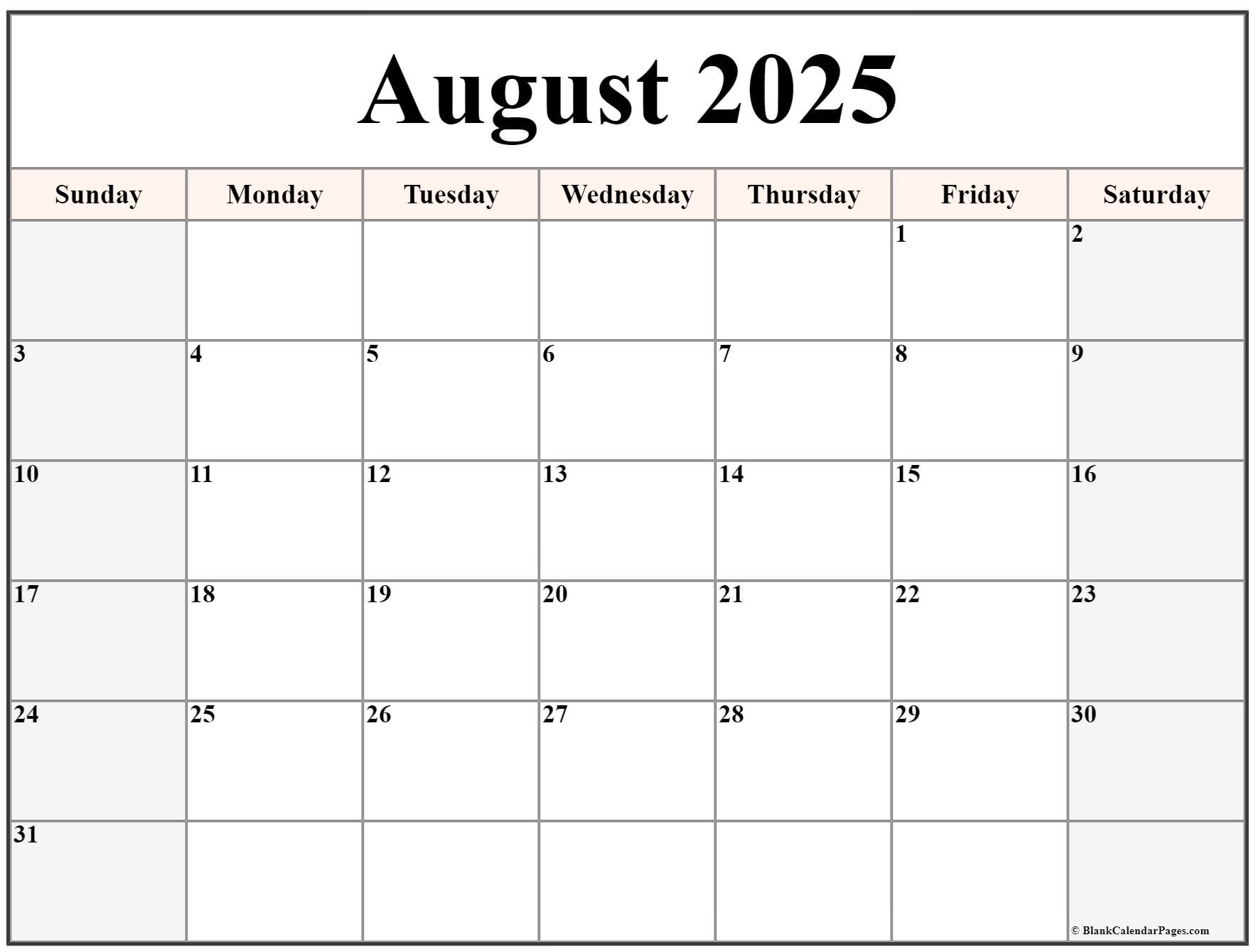 Free August 2023 Blank Calendar Printable PELAJARAN