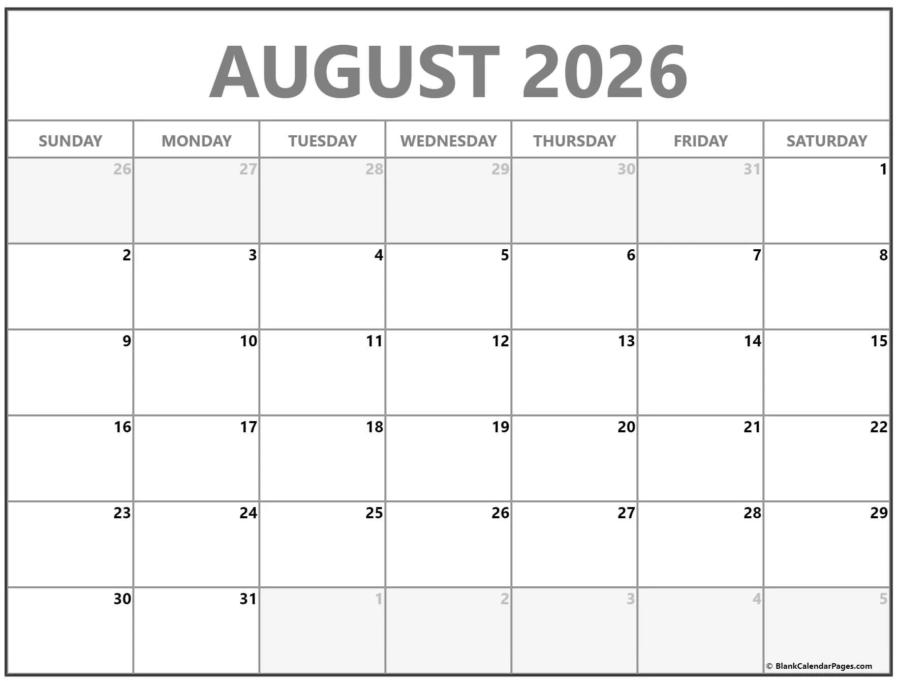 August 2026 Calendar Free Printable Calendars August 2026 Calendar Free Printable Calendars