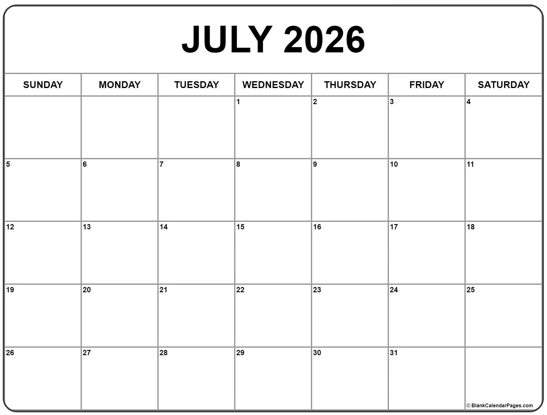 July 2026 Calendar Free Printable Calendars