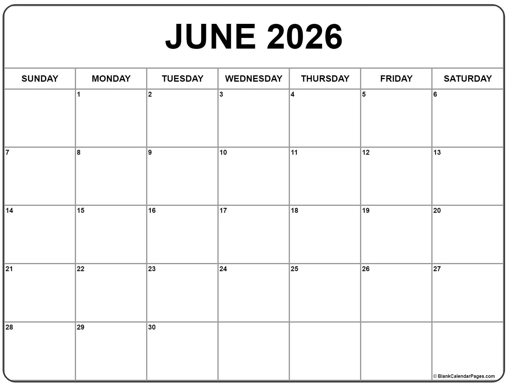 Download And Print 2026 June Calendar Printable Free PDF 