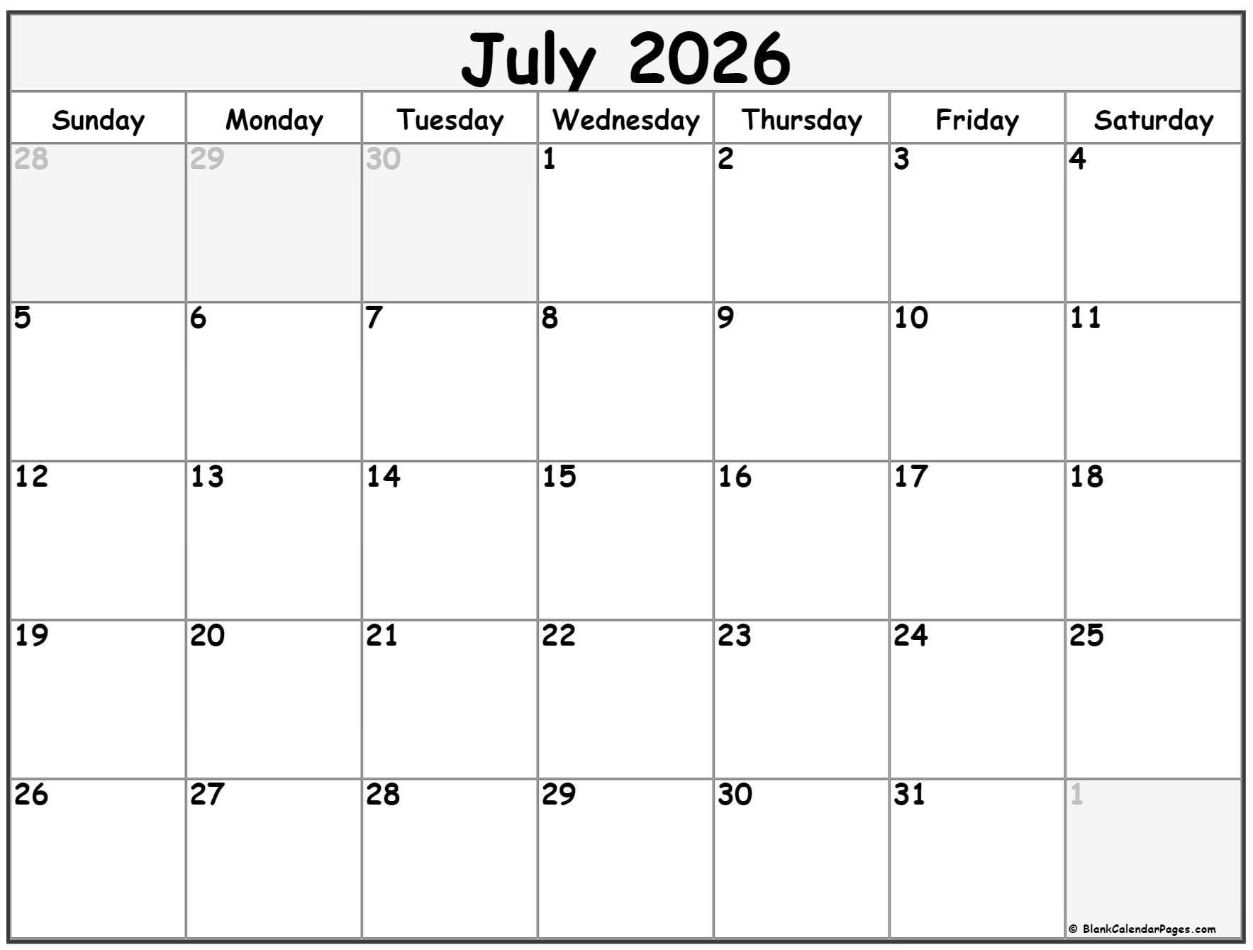 July 2026 Calendar Free Printable Calendar