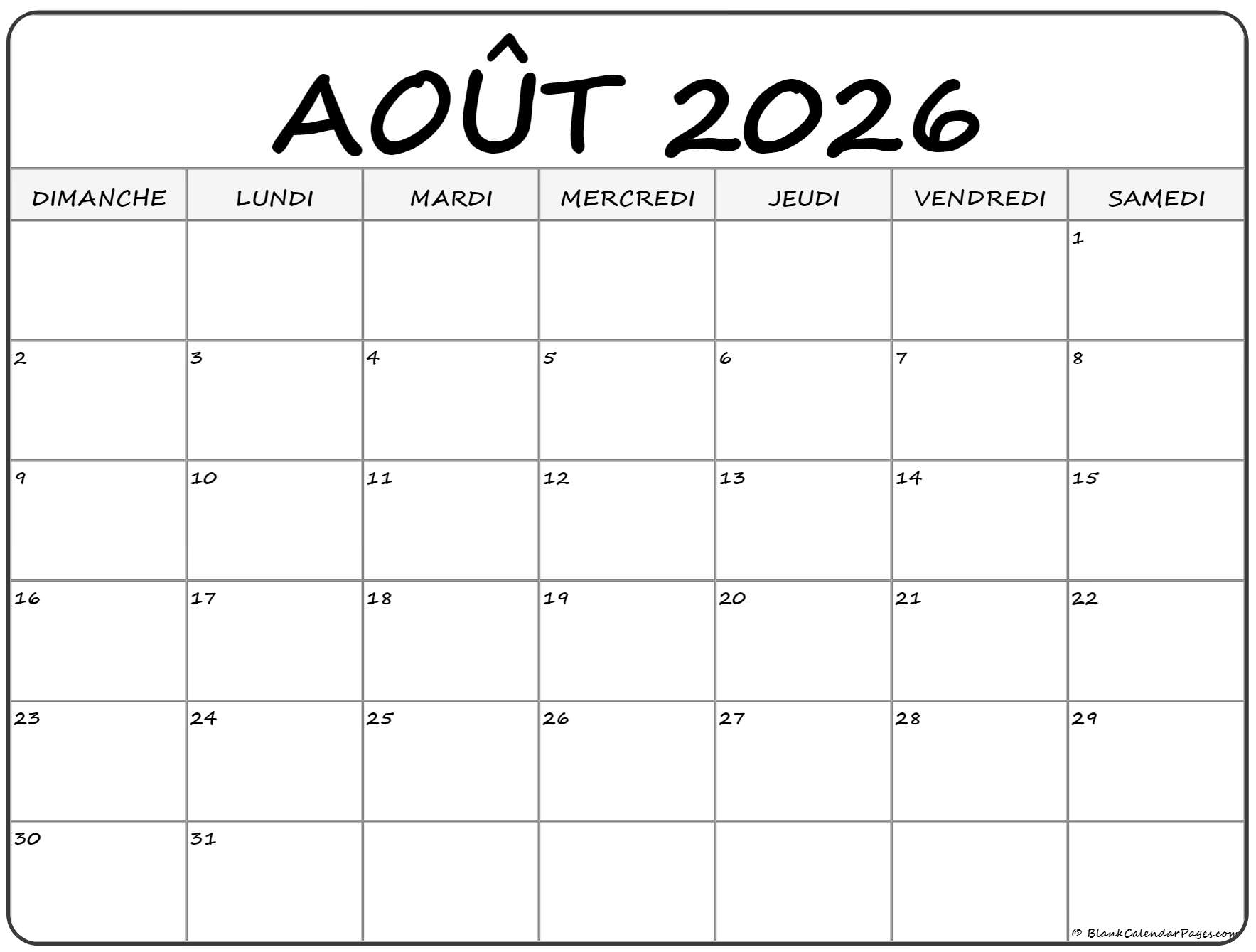 août 2026 calendrier imprimable | Calendrier gratuit