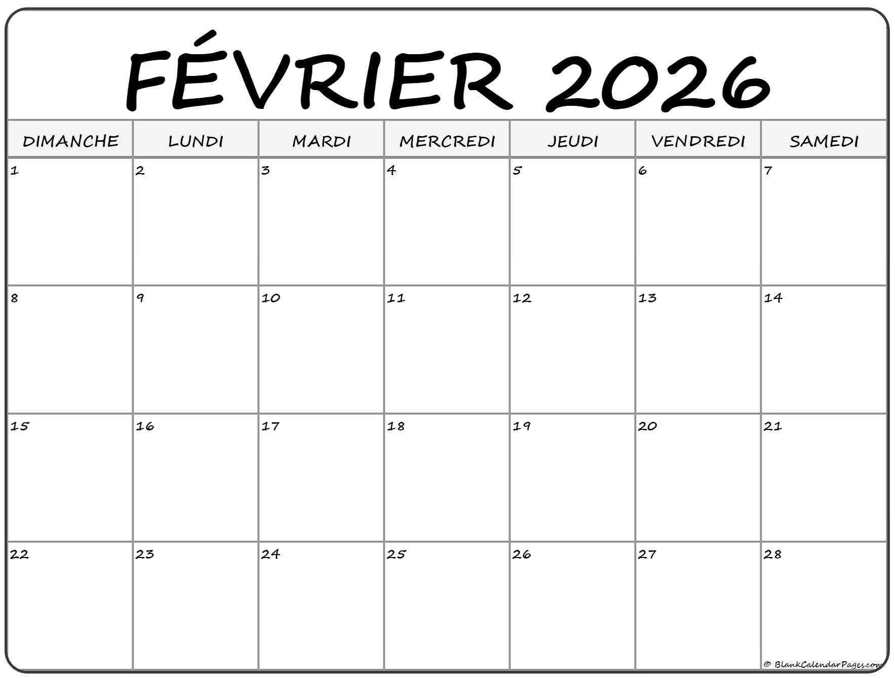 février 2026 calendrier imprimable | Calendrier gratuit