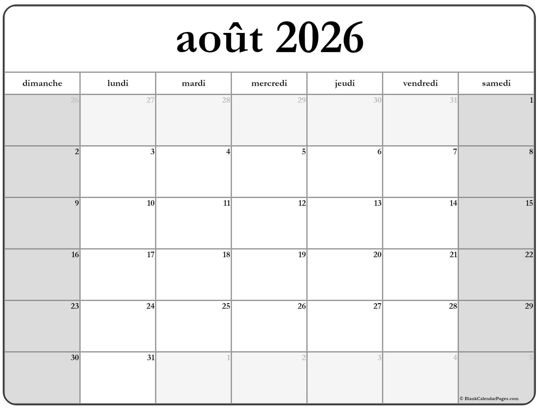 août 2026 calendrier imprimable | Calendrier gratuit