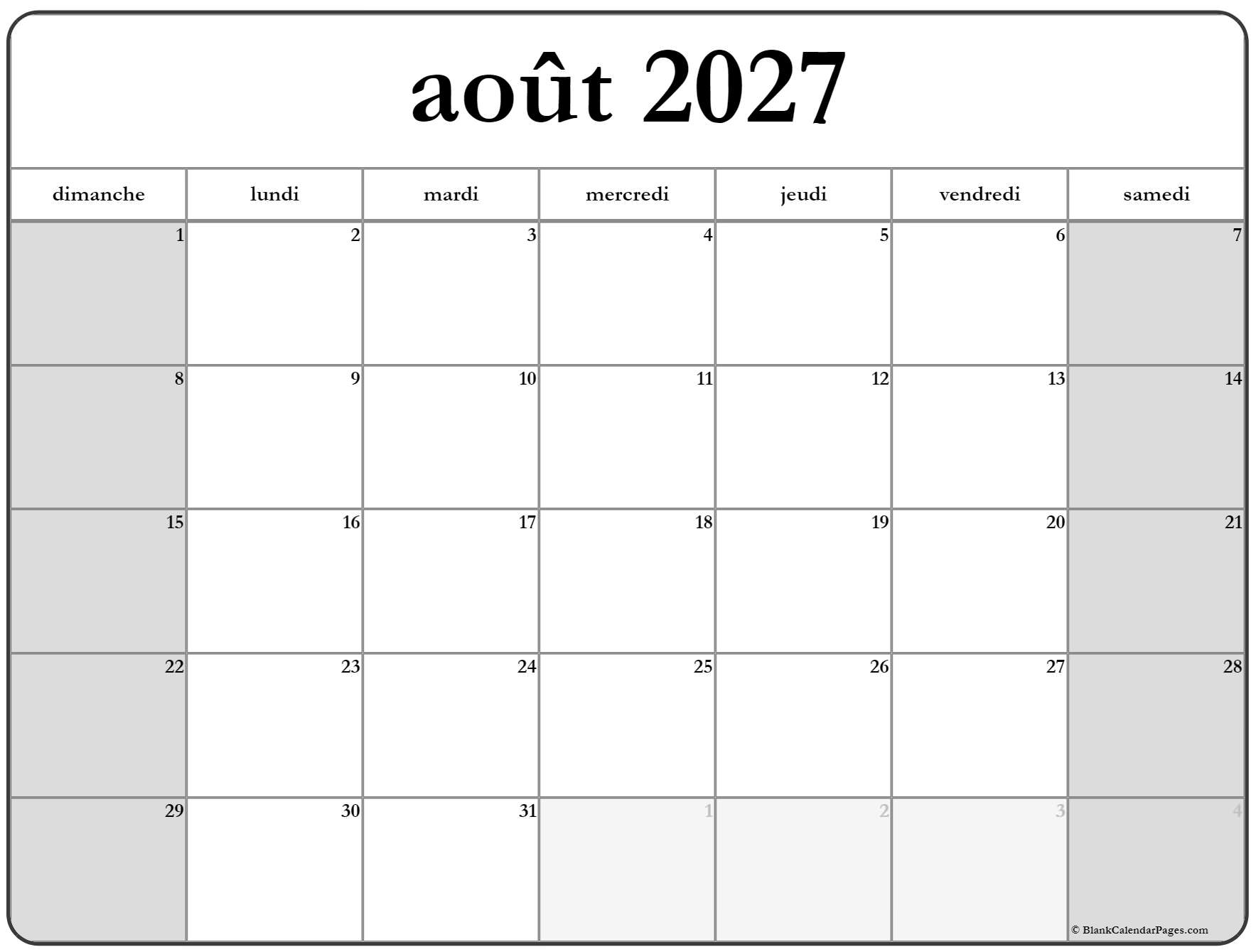 août 2027 calendrier imprimable | Calendrier gratuit