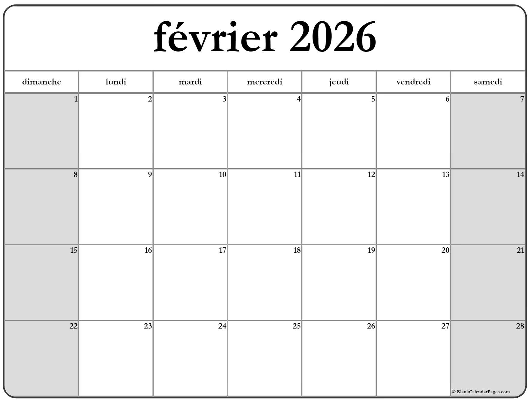février 2026 calendrier imprimable | Calendrier gratuit