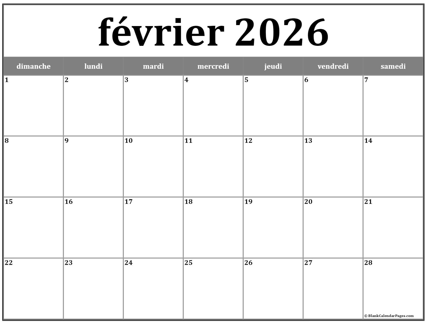 février 2026 calendrier imprimable | Calendrier gratuit