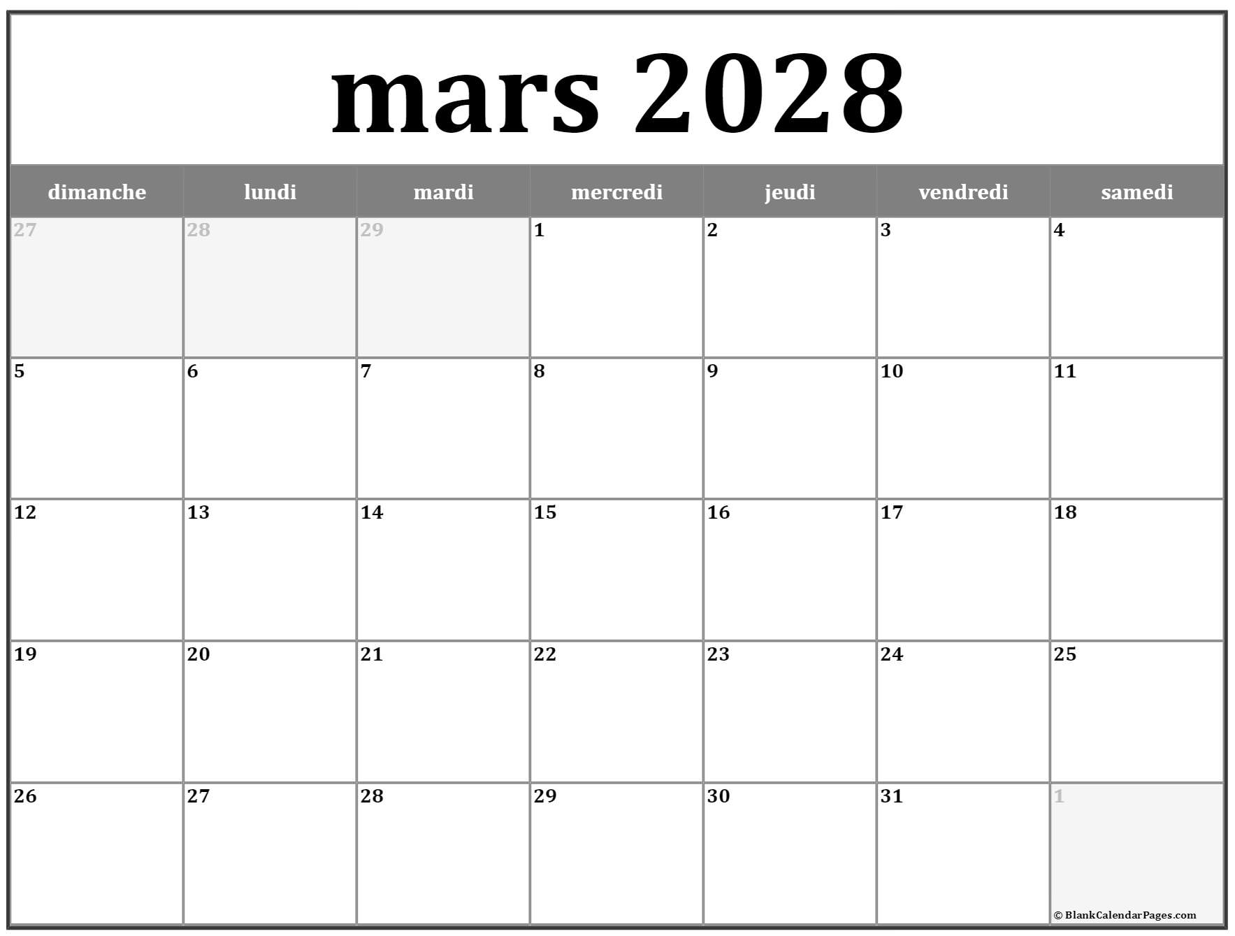 mars 2028 calendrier imprimable | Calendrier gratuit