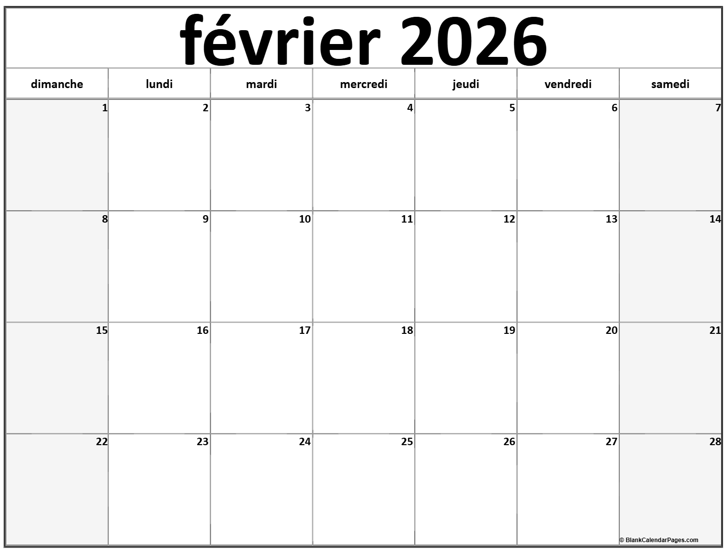 février 2026 calendrier imprimable | Calendrier gratuit