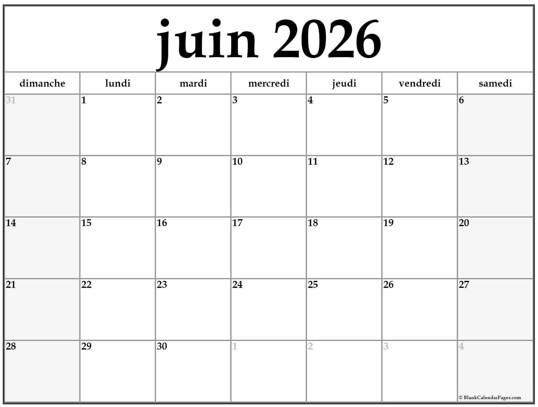 Juin 2026 Calendrier Imprimable Calendrier Gratuit