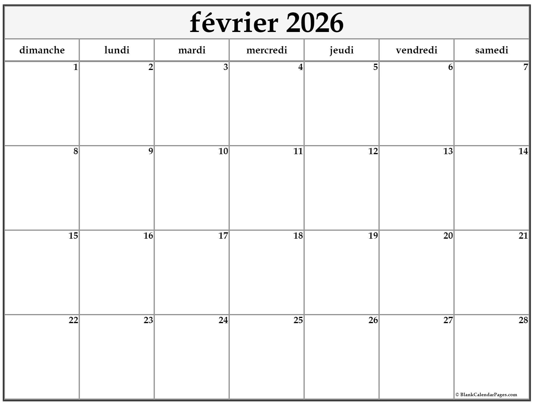 février 2026 calendrier imprimable | Calendrier gratuit