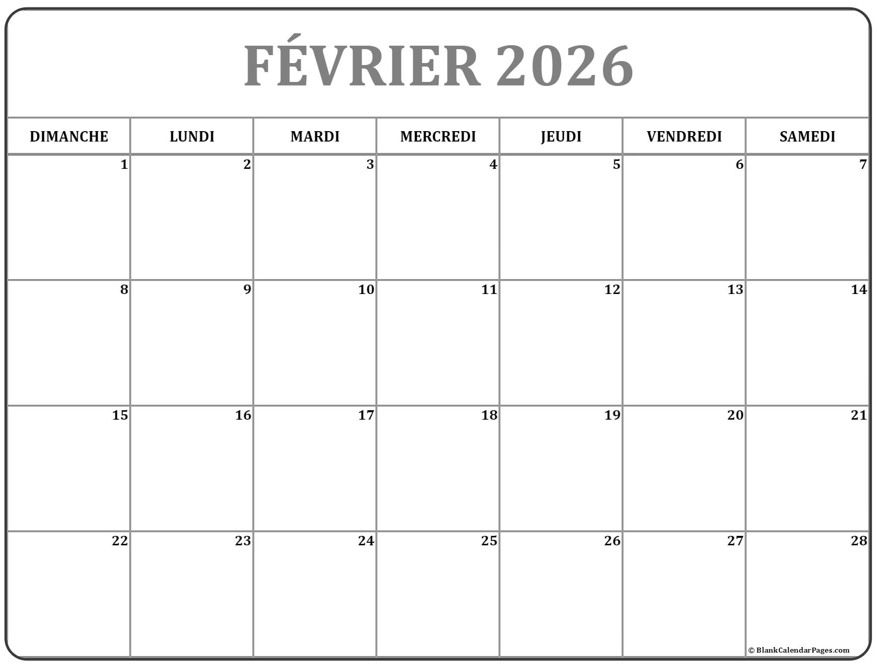 février 2026 calendrier imprimable | Calendrier gratuit