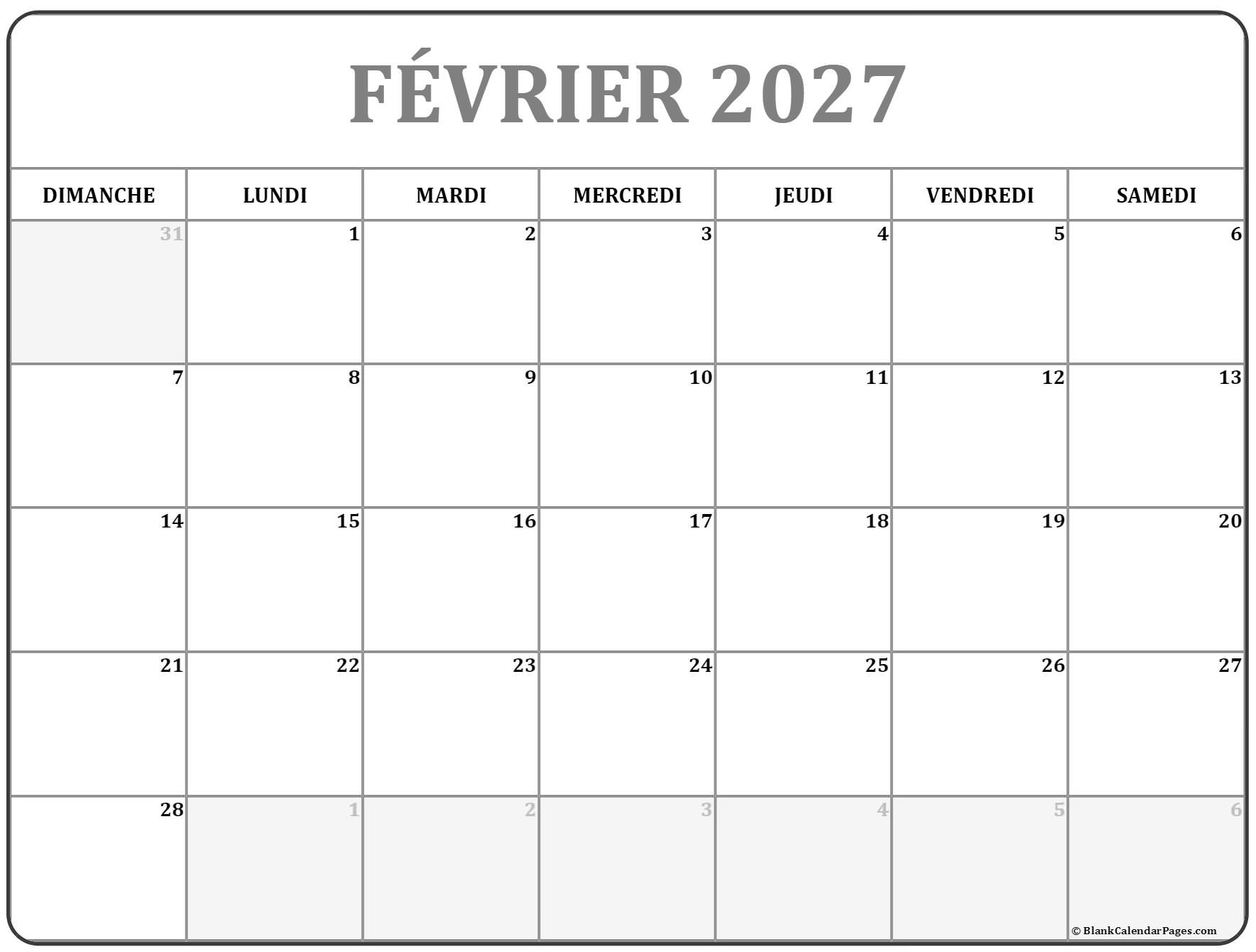 février 2027 calendrier imprimable | Calendrier gratuit