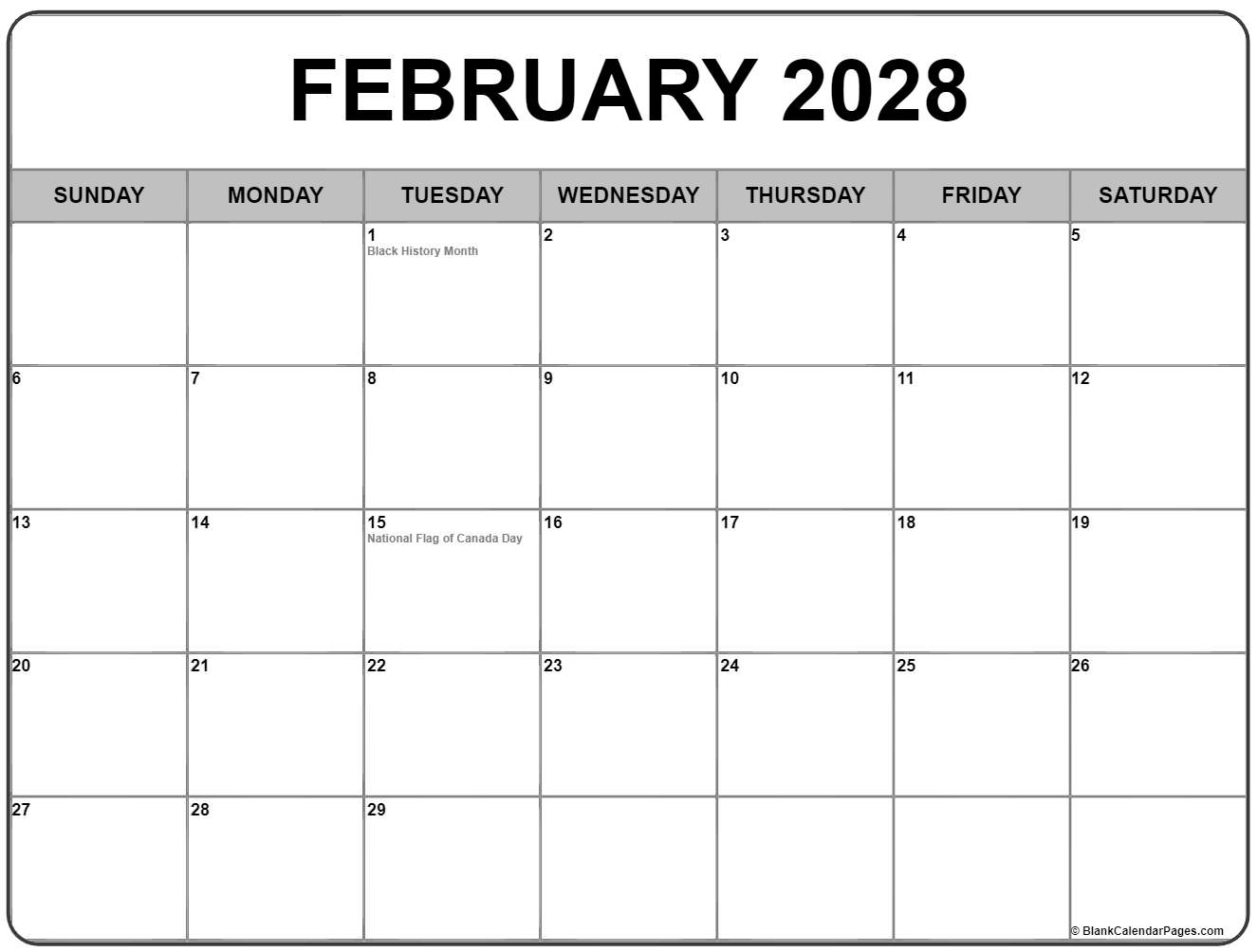 February 2028 with holidays calendar
