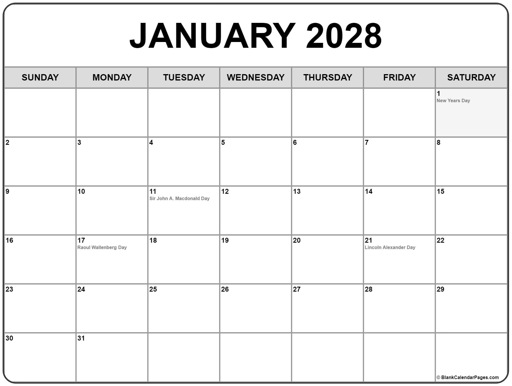 January 2028 with holidays calendar