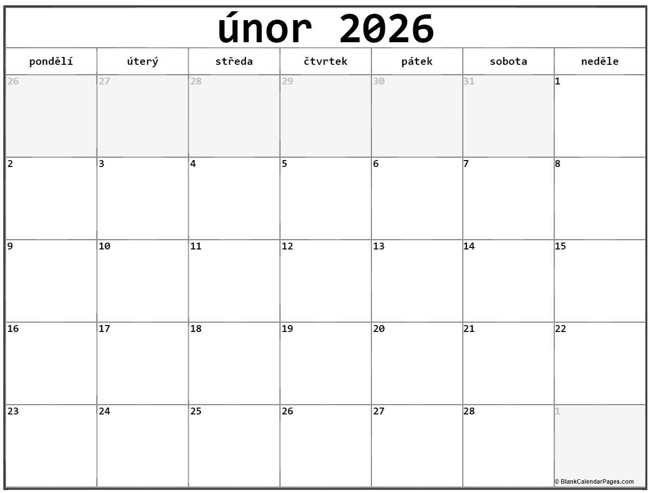 únor 2026 zdarma tisknutelný kalendář | kalendar únor