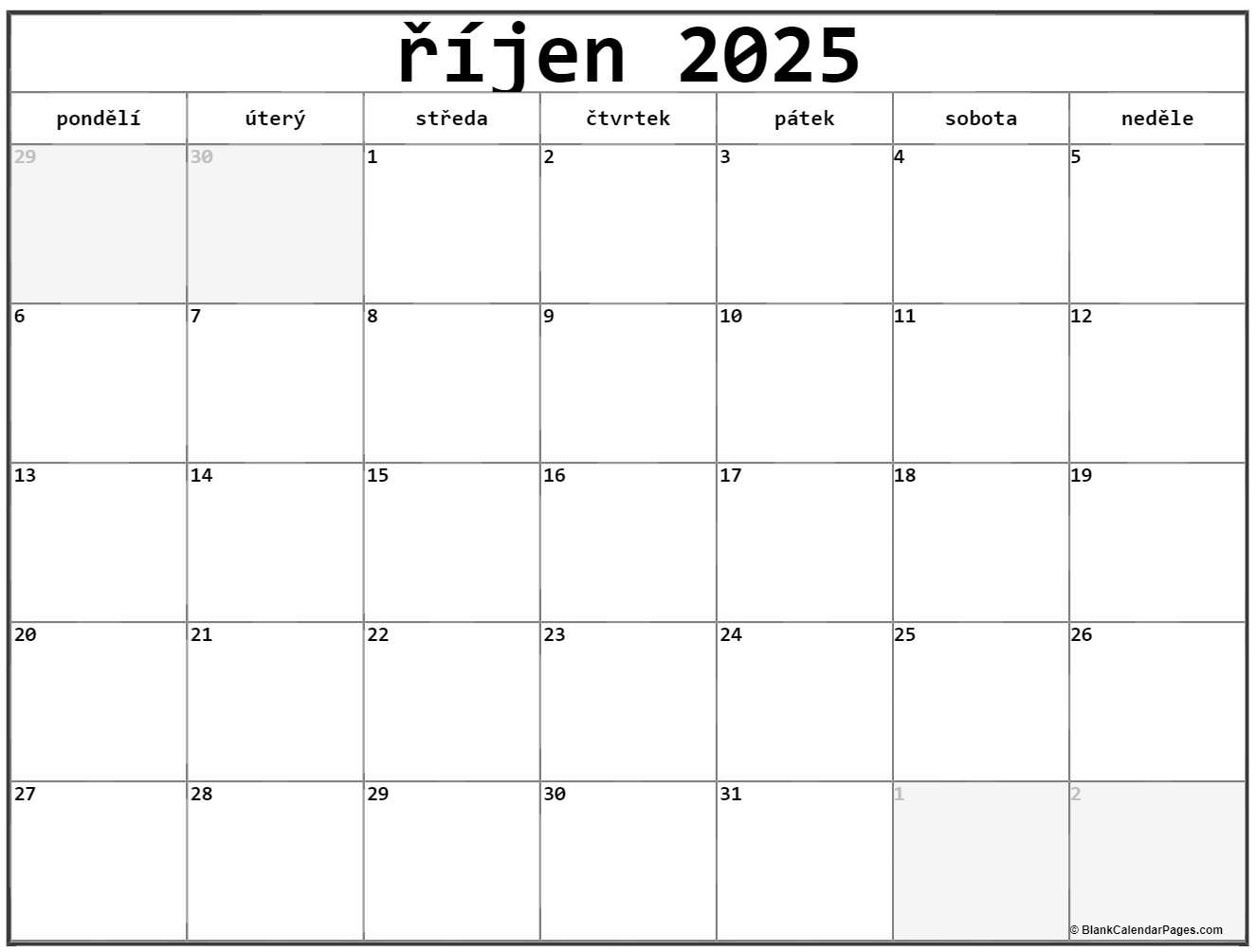 říjen 2025 zdarma tisknutelný kalendář | kalendar říjen
