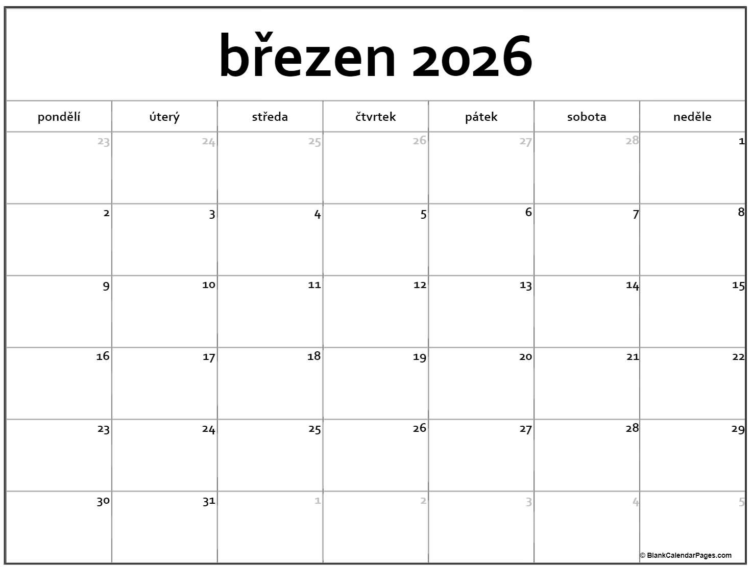 březen 2026 zdarma tisknutelný kalendář | kalendar březen