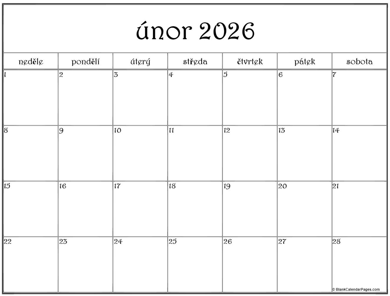 únor 2026 zdarma tisknutelný kalendář | kalendar únor