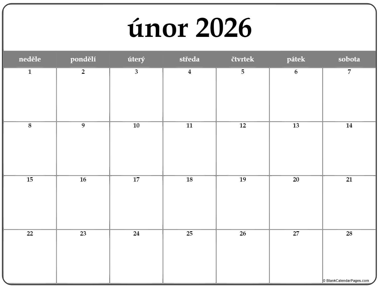 únor 2026 zdarma tisknutelný kalendář | kalendar únor