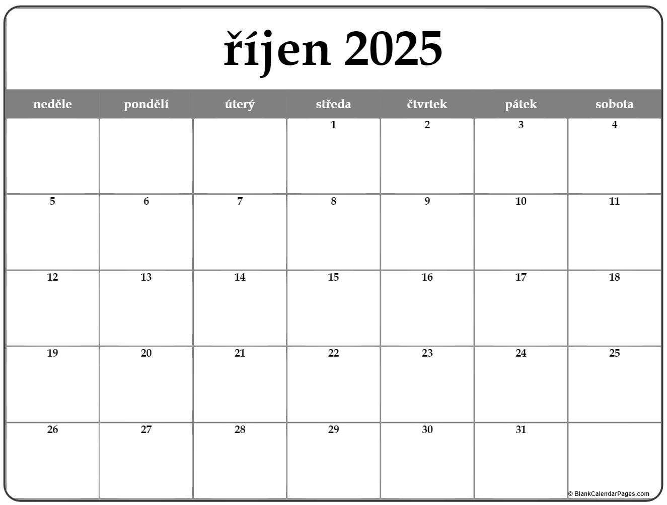 říjen 2025 zdarma tisknutelný kalendář | kalendar říjen