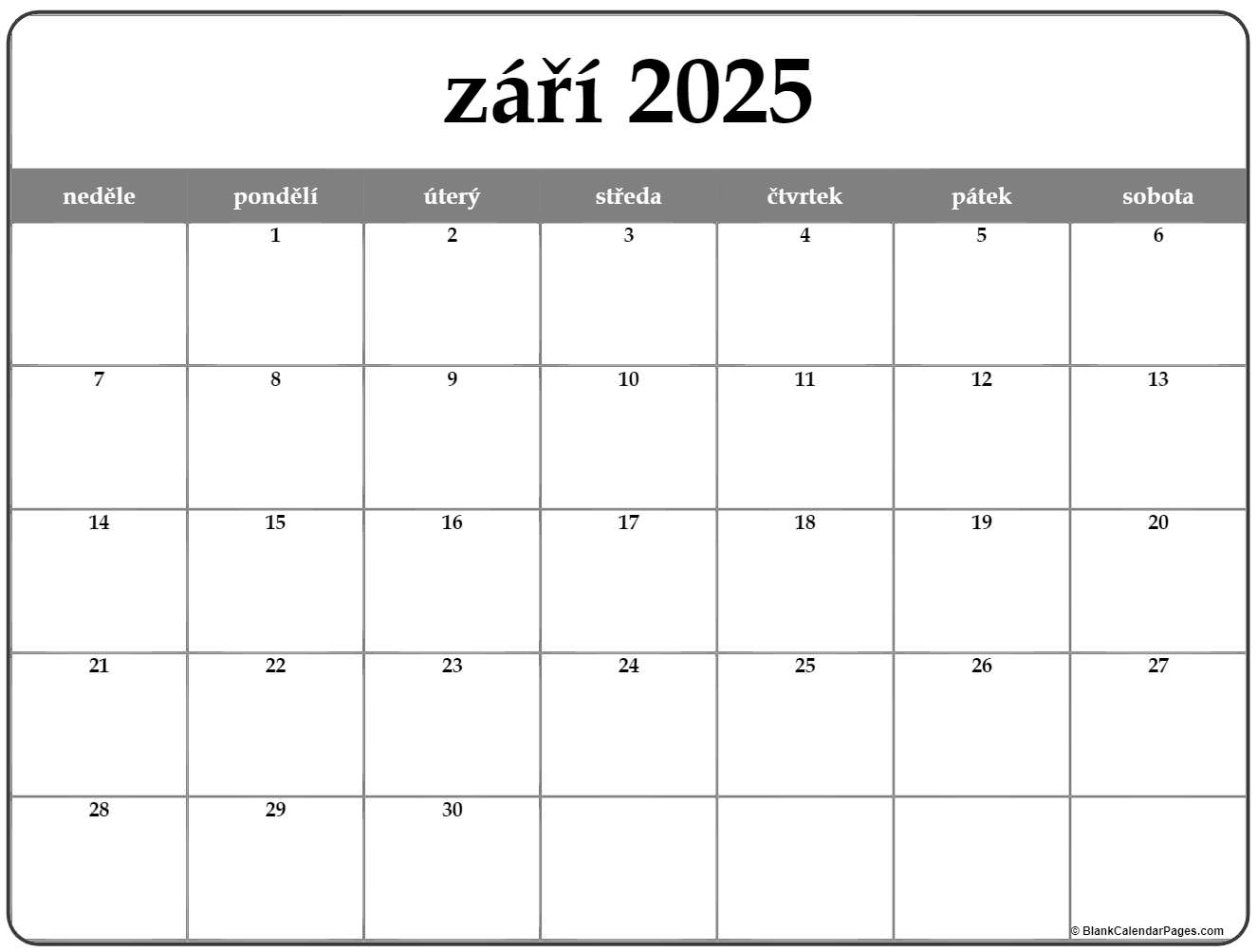 září 2025 zdarma tisknutelný kalendář | kalendar září