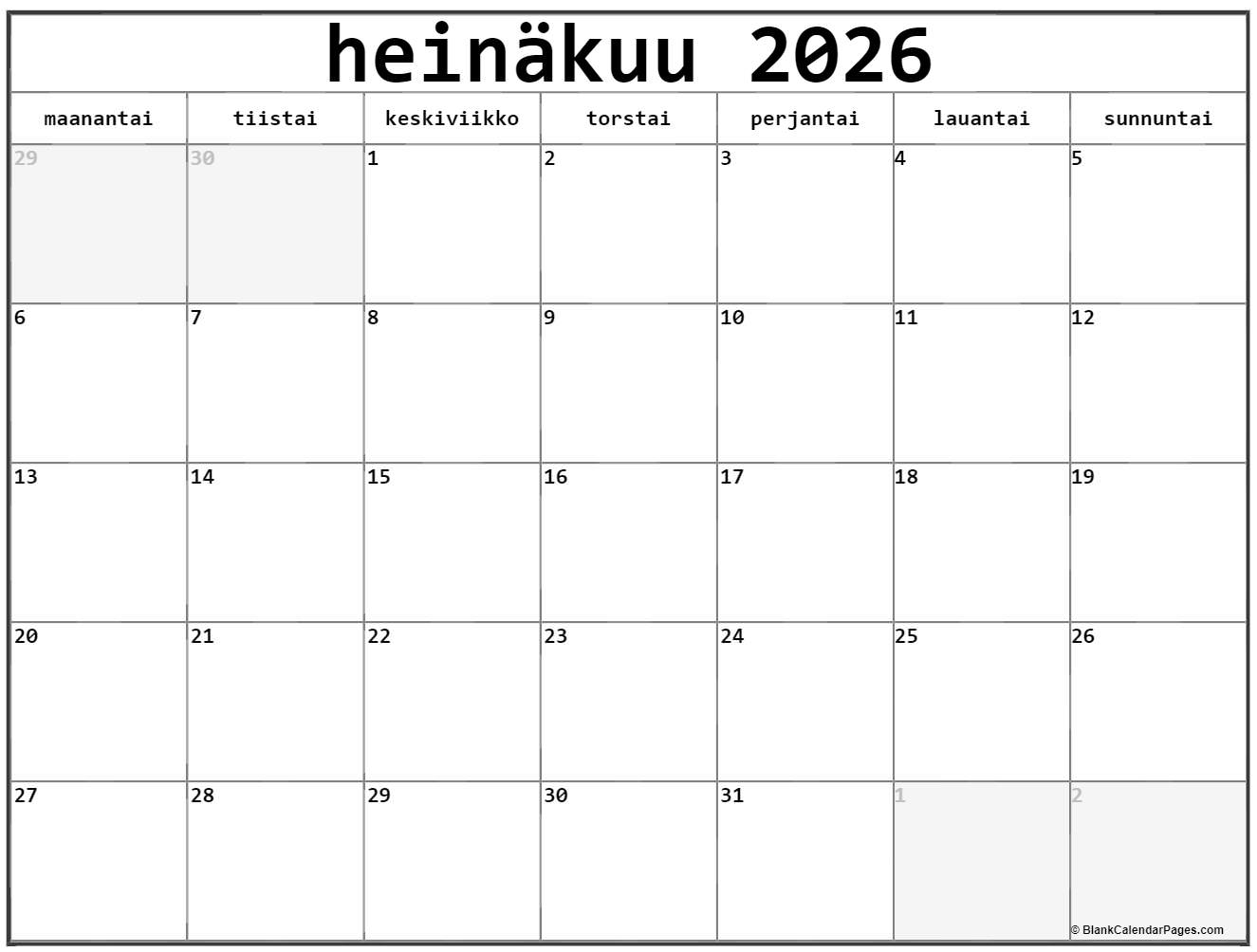 heinäkuu 2026 tulostettava kalenteri suomeksi | kalenteri heinäkuu