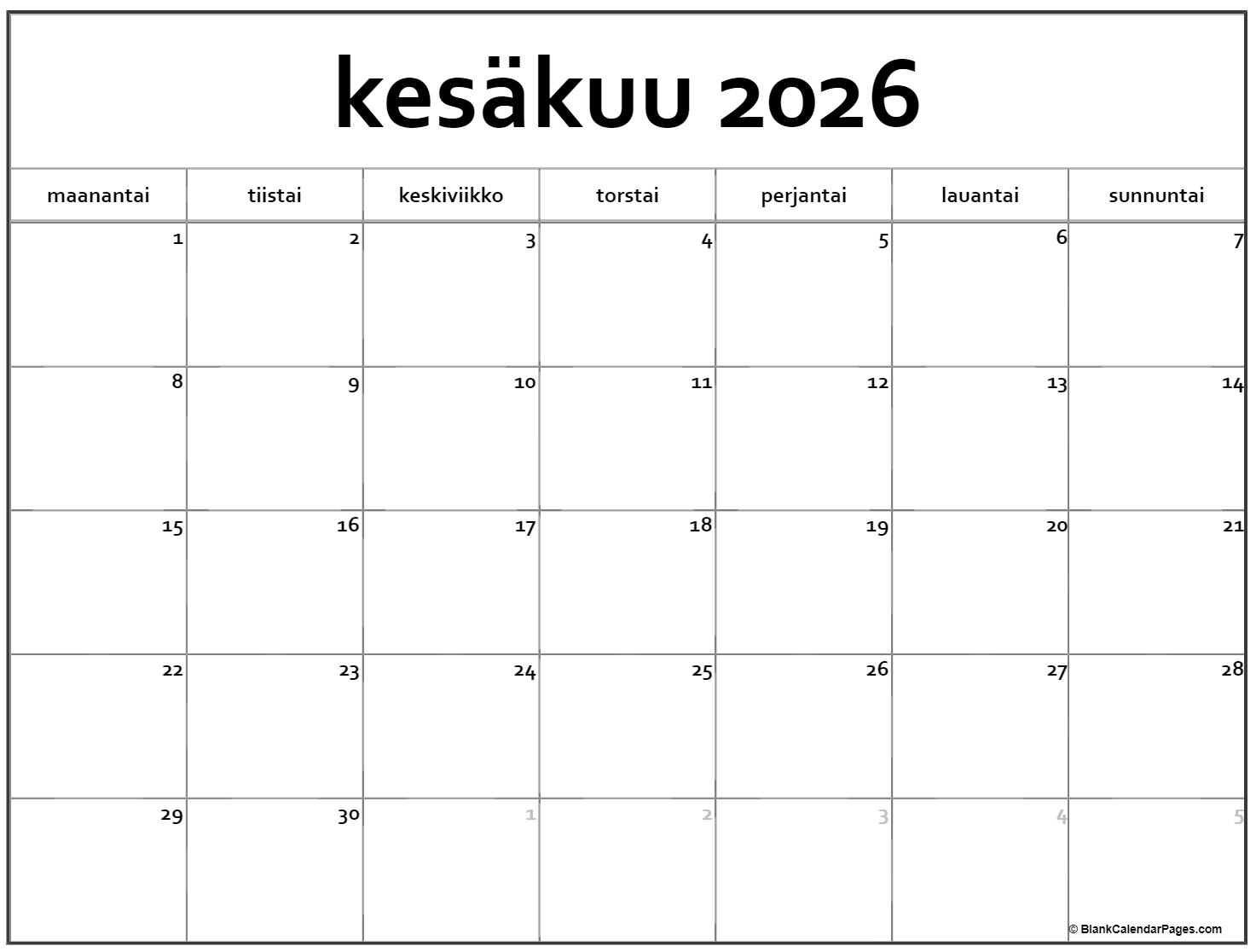 kesäkuu 2026 tulostettava kalenteri suomeksi | kalenteri kesäkuu