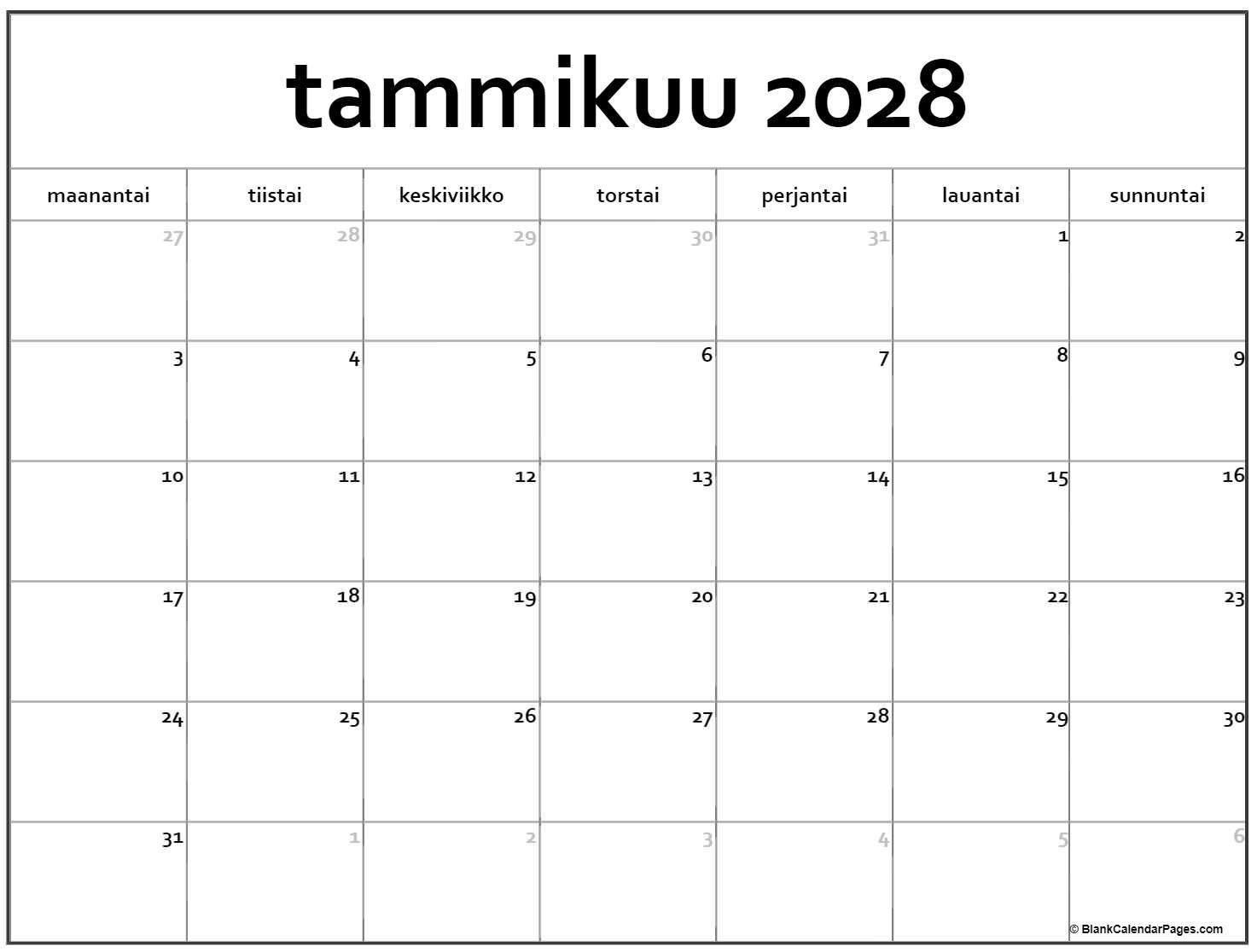 tammikuu 2028 tulostettava kalenteri suomeksi | kalenteri tammikuu