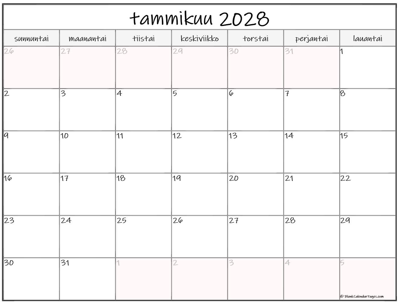 tammikuu 2028 tulostettava kalenteri suomeksi | kalenteri tammikuu