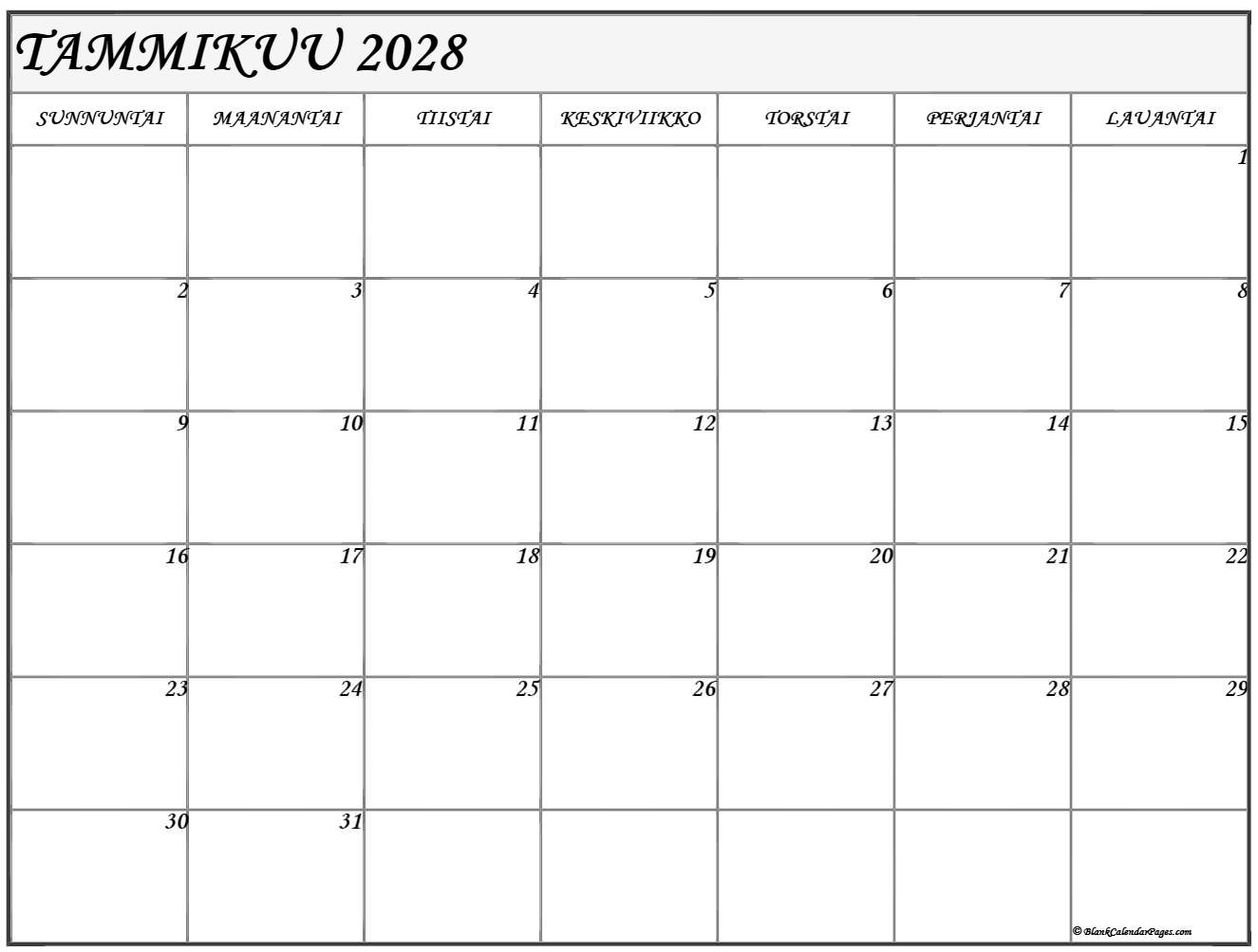 tammikuu 2028 tulostettava kalenteri suomeksi | kalenteri tammikuu