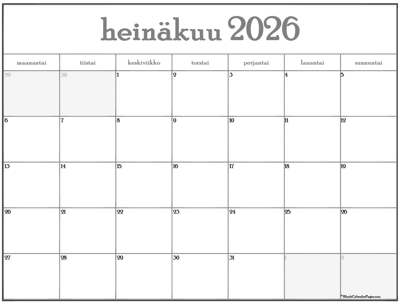 heinäkuu 2026 tulostettava kalenteri suomeksi | kalenteri heinäkuu