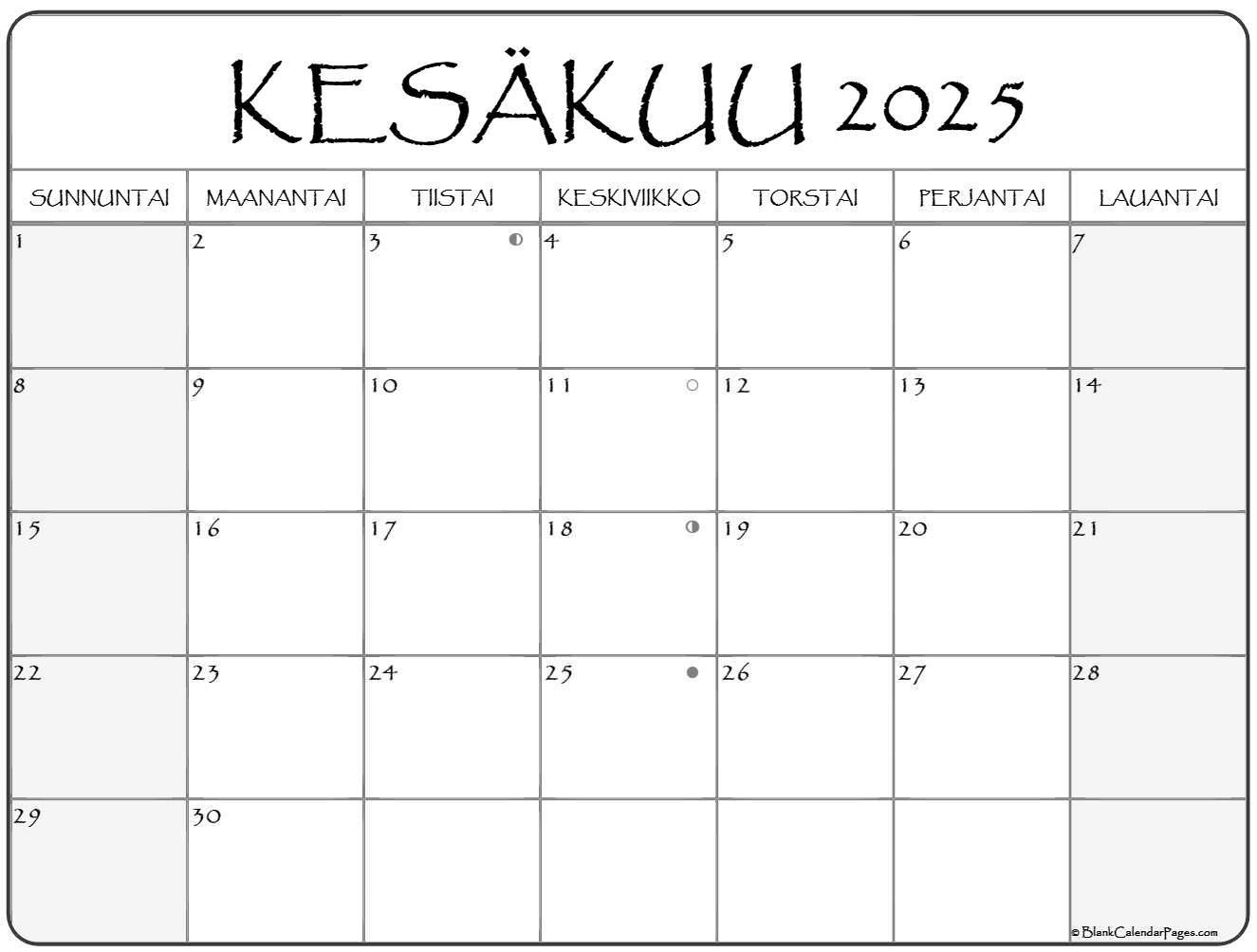 kesäkuu 2025 tulostettava kalenteri suomeksi | kalenteri kesäkuu