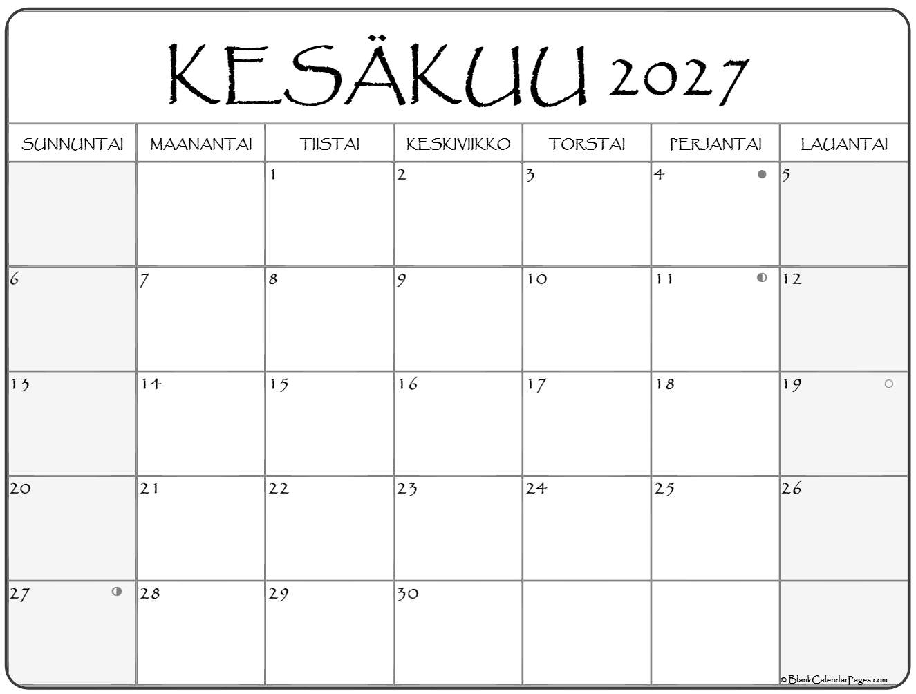 kesäkuu 2027 tulostettava kalenteri suomeksi | kalenteri kesäkuu