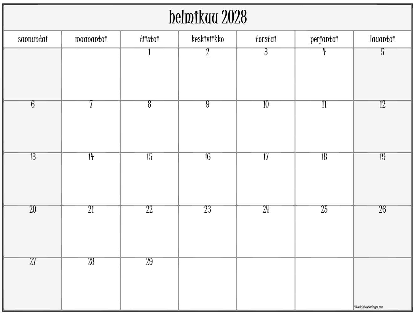 helmikuu 2028 tulostettava kalenteri suomeksi | kalenteri helmikuu