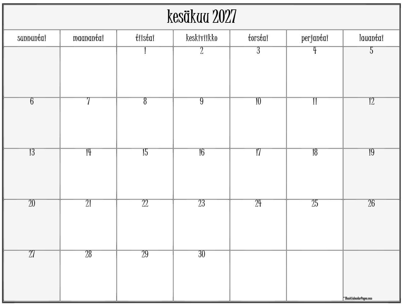 kesäkuu 2027 tulostettava kalenteri suomeksi | kalenteri kesäkuu