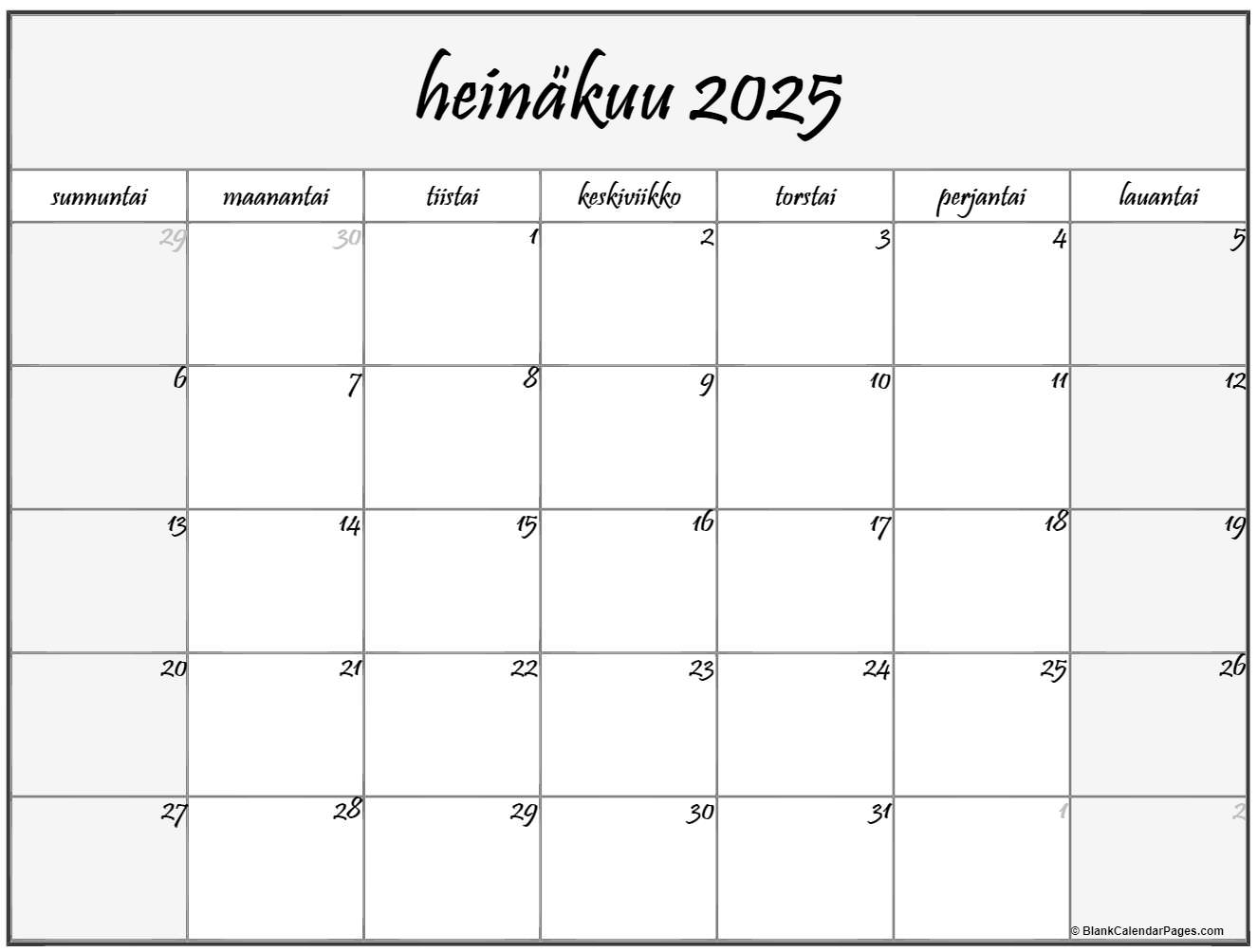 heinäkuu 2025 tulostettava kalenteri suomeksi | kalenteri heinäkuu