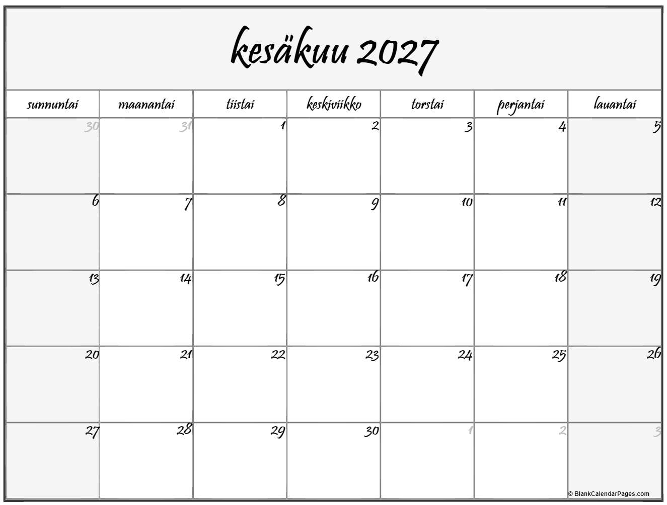 kesäkuu 2027 tulostettava kalenteri suomeksi | kalenteri kesäkuu