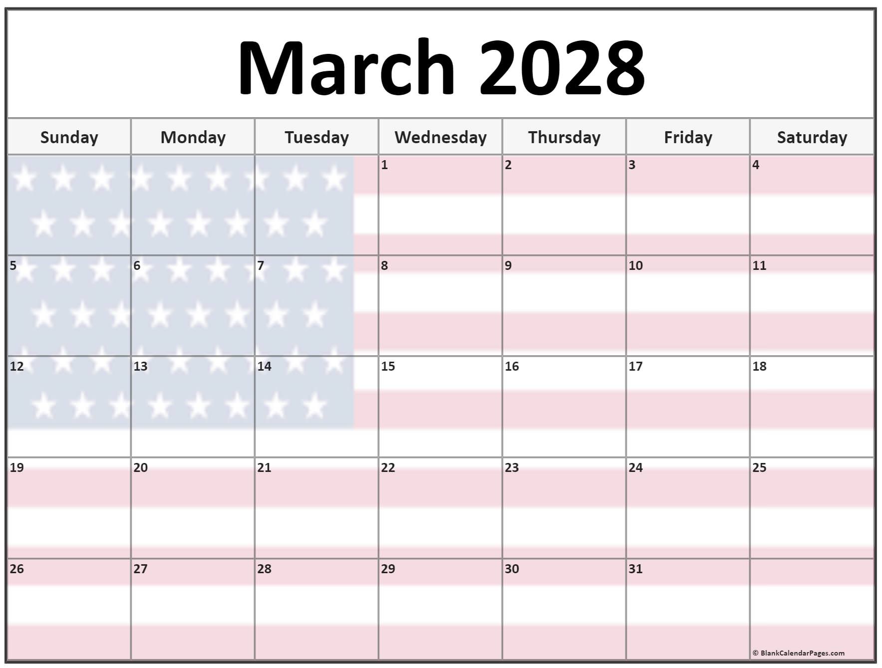 Collection of March 2028 photo calendars with image filters.