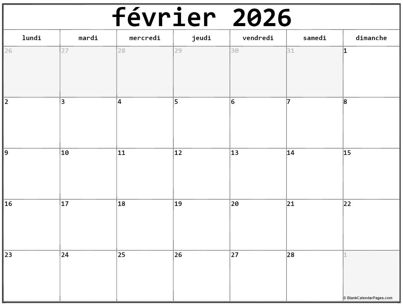 février 2026 calendrier imprimable | Calendrier gratuit
