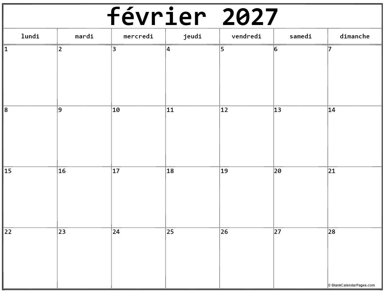 février 2027 calendrier imprimable | Calendrier gratuit