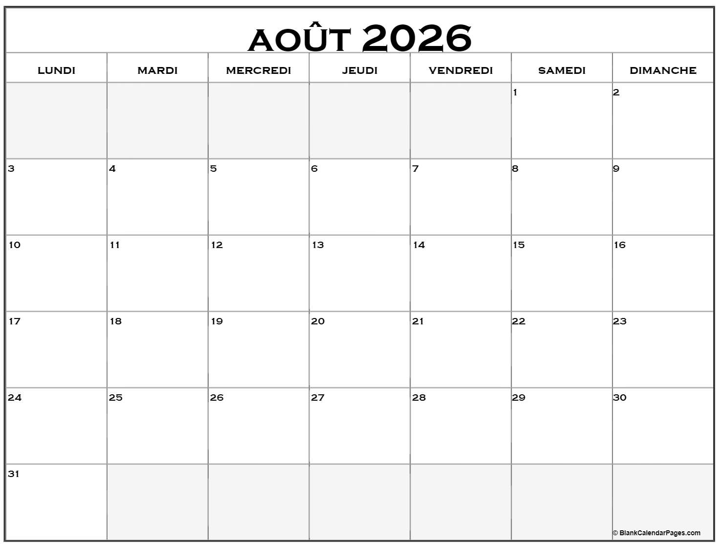 août 2026 calendrier imprimable | Calendrier gratuit