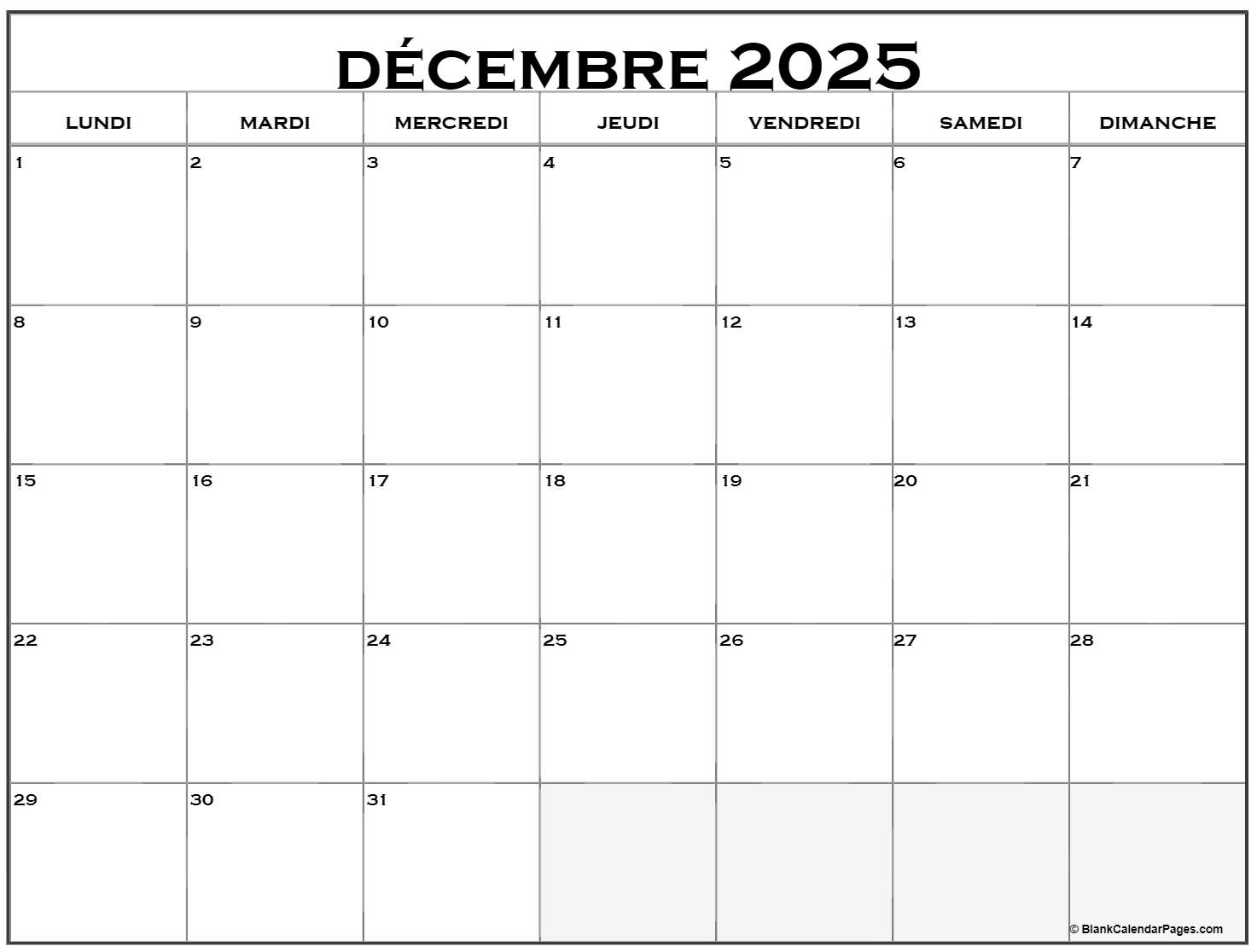 décembre 2025 calendrier imprimable | Calendrier gratuit