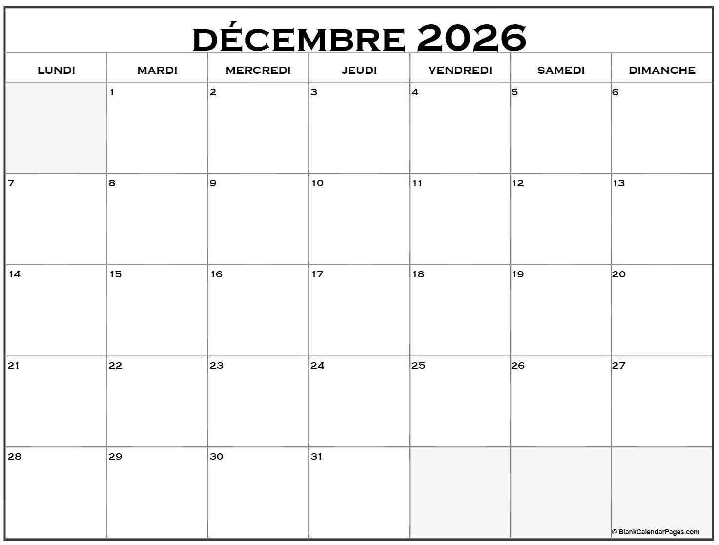 décembre 2026 calendrier imprimable | Calendrier gratuit