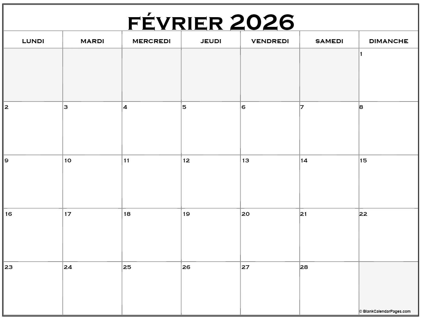 février 2026 calendrier imprimable | Calendrier gratuit