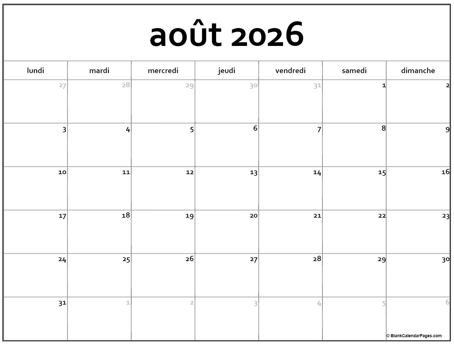 août 2026 calendrier imprimable | Calendrier gratuit