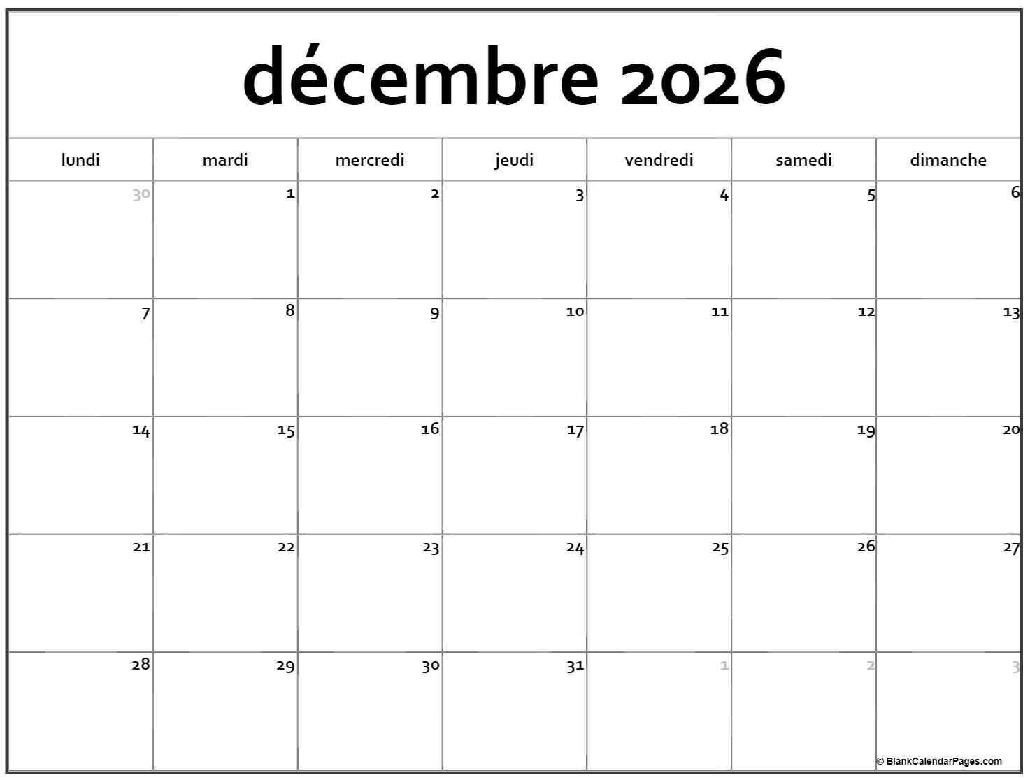 décembre 2026 calendrier imprimable | Calendrier gratuit