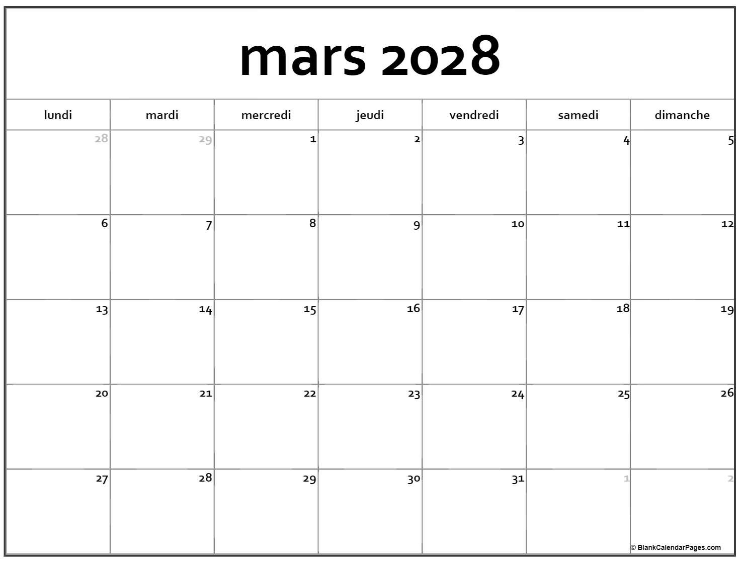 mars 2028 calendrier imprimable | Calendrier gratuit