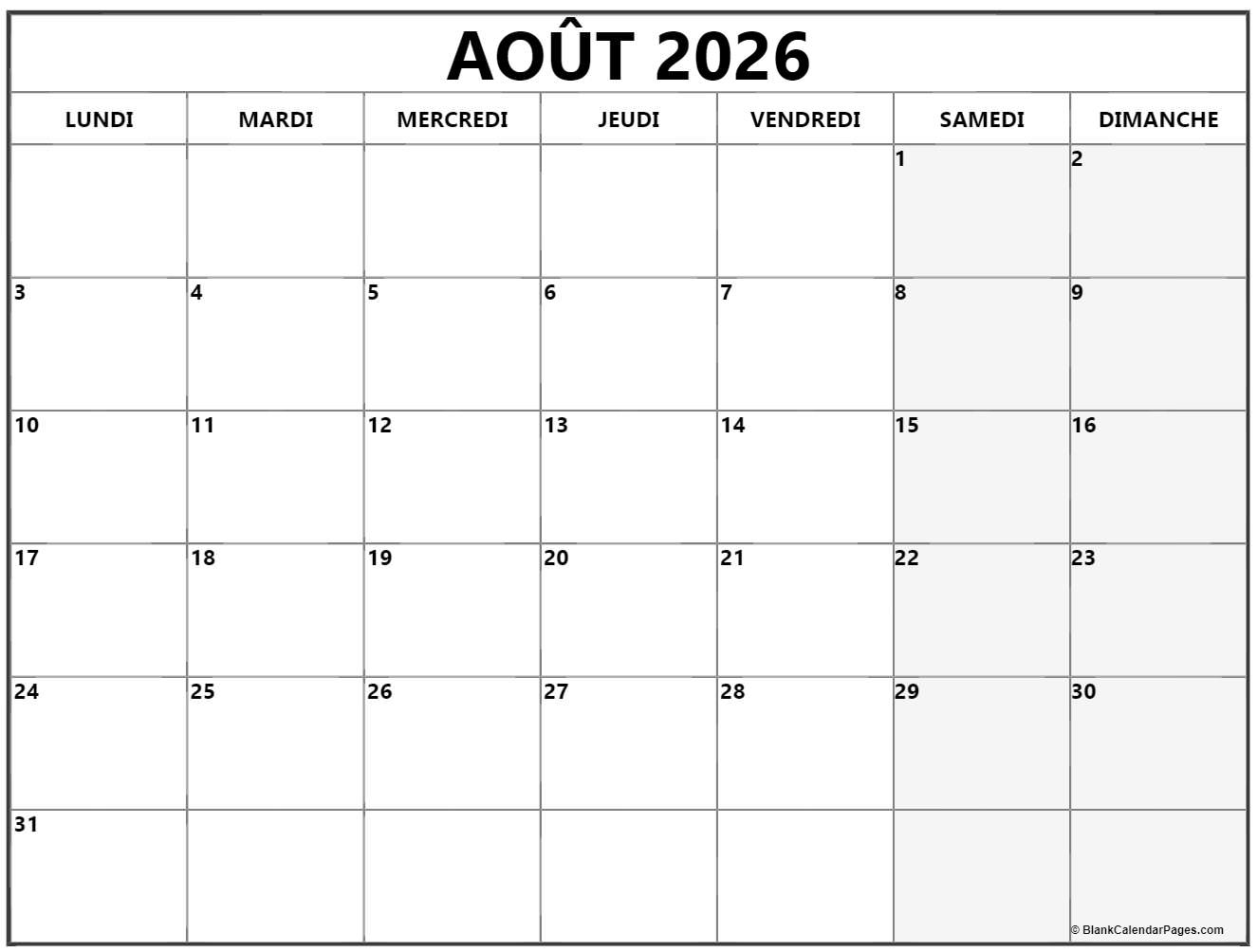 août 2026 calendrier imprimable | Calendrier gratuit