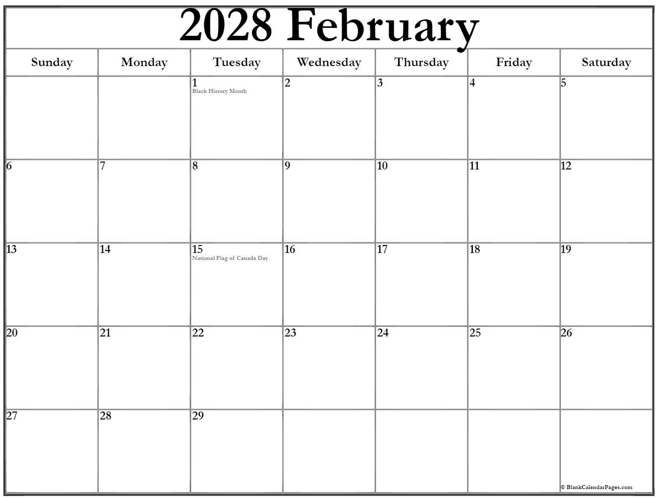 February 2028 with holidays calendar